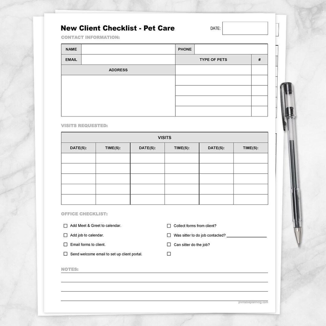 Printable Pet Care New Client Checklist - Pet Sitting - Visits List ...