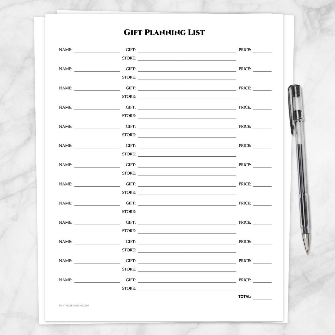 Printable Gift Planning List, Holiday Occasion Christmas Present ...