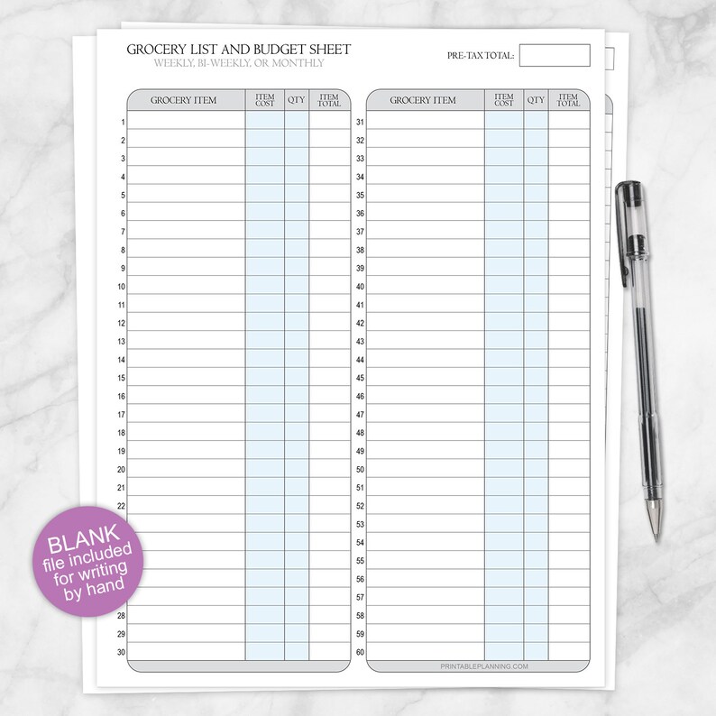 Printable Grocery List and Budget, Auto-calculating Total, 1 Page, 60 ...