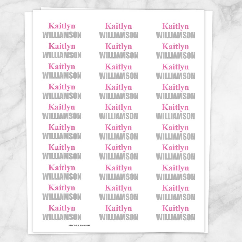 Printable Name Labels PINK for School Supplies - Personalized 2 5/8" X ...