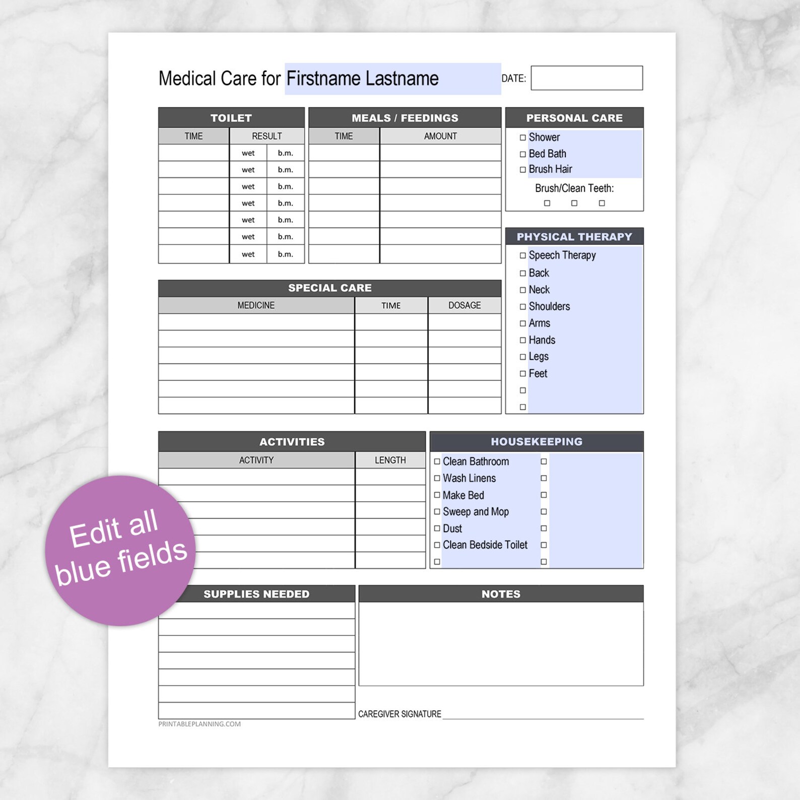 Printable Medical Care With Housekeeping, Daily Care Sheet, Caregiver ...