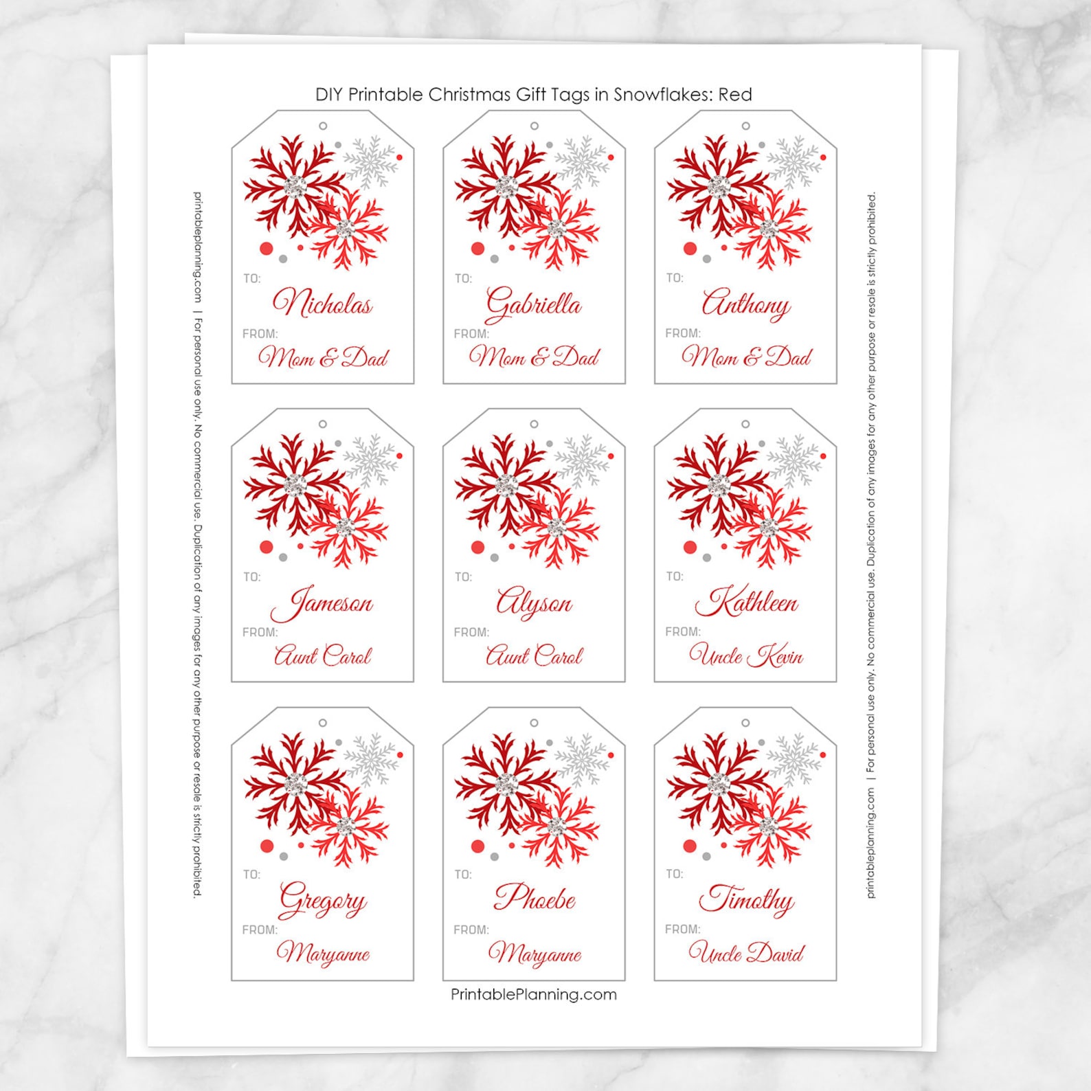 Printable Snowflake Gift Tags in Red - Personalize the Names, Editable ...