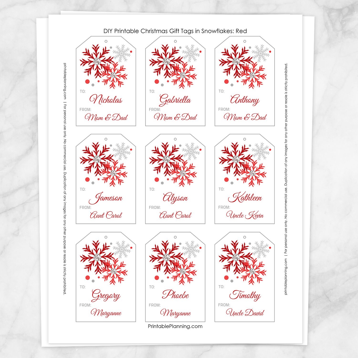 Printable Snowflake Gift Tags in Red - Personalize the Names, Editable ...