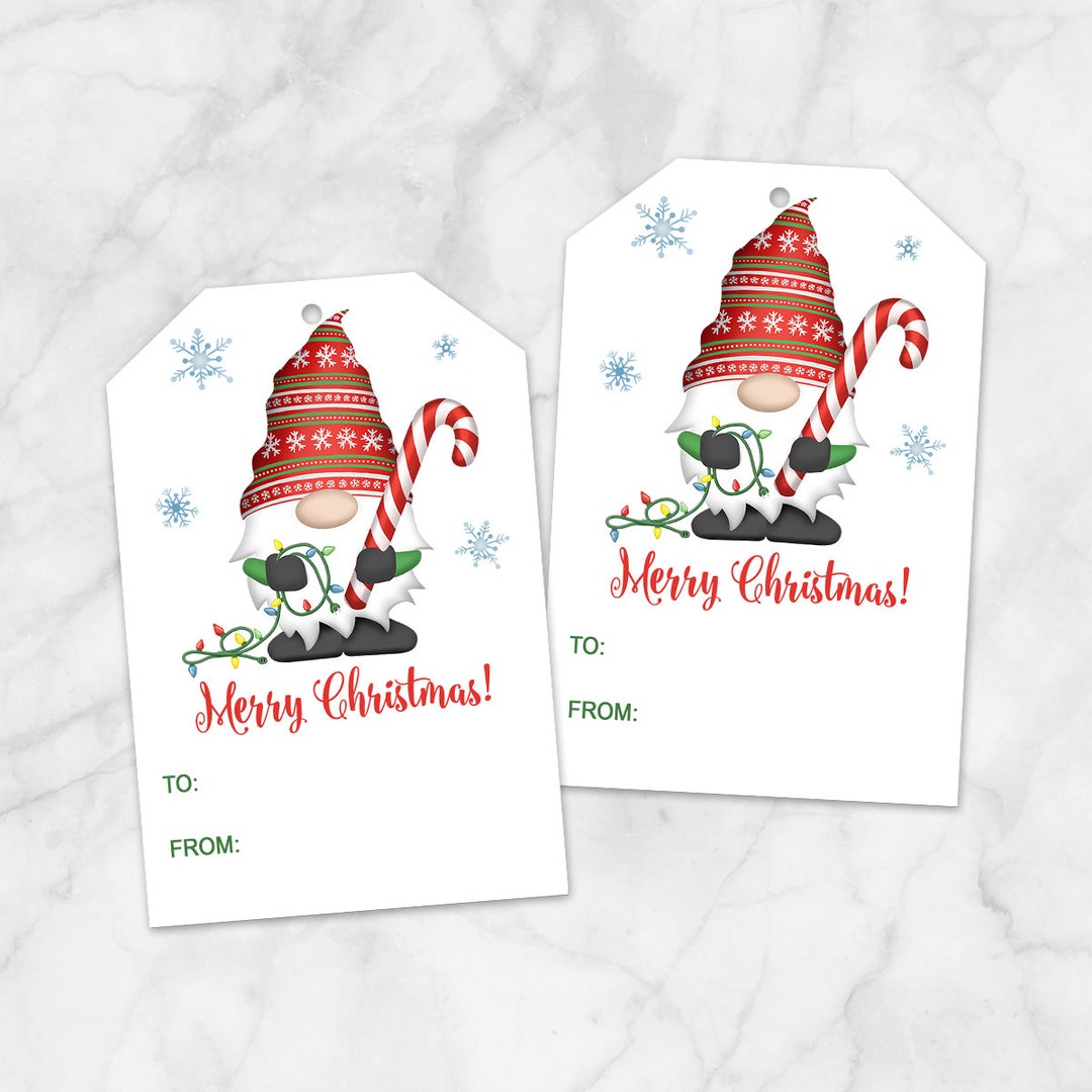 Printable Holiday Gnome Gift Tags, Cute Candy Cane Gnome Merry ...