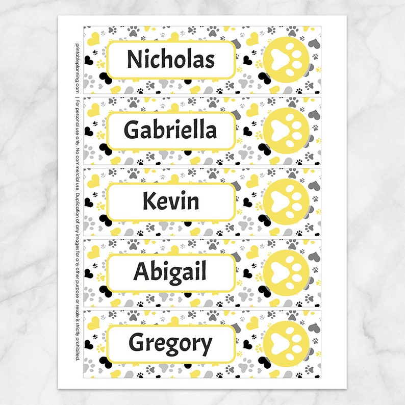 Printable Personalized Paw Print Bookmarks, Yellow Black Hearts, School ...