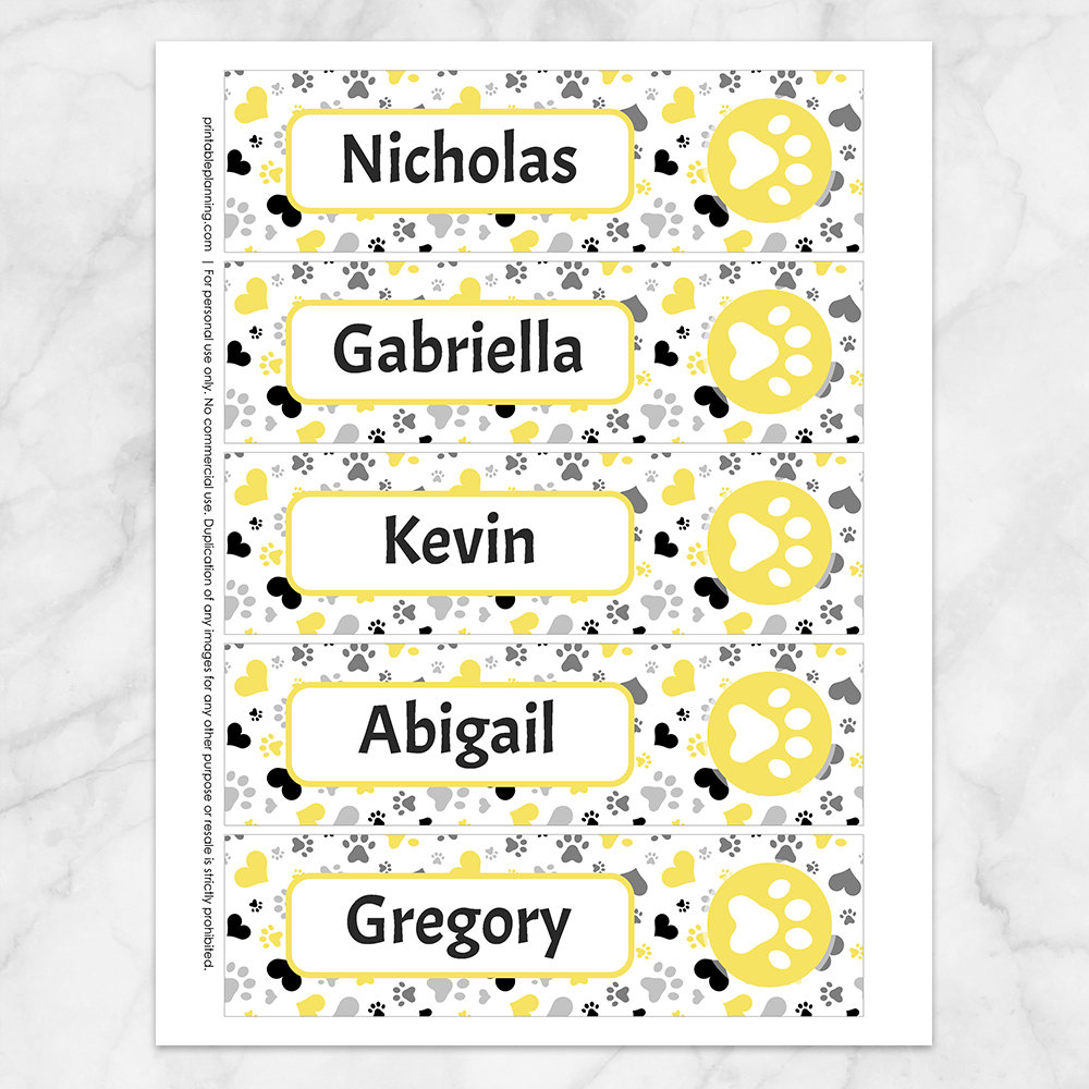 Printable Personalized Paw Print Bookmarks, Yellow Black Hearts, School ...