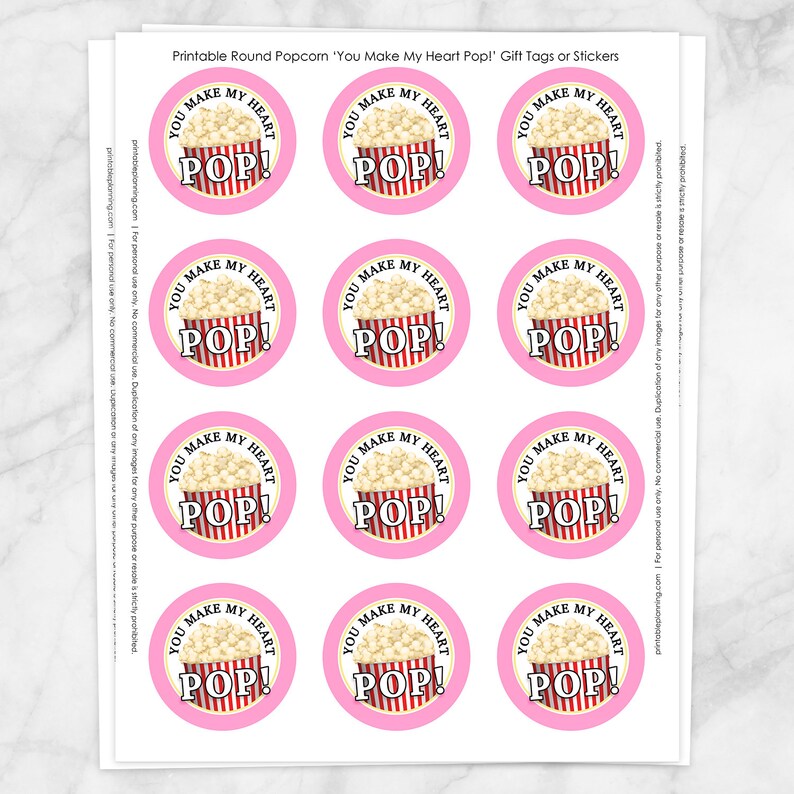 Printable Popcorn 'you Make My Heart Pop' Round Favor Gift Tags or ...