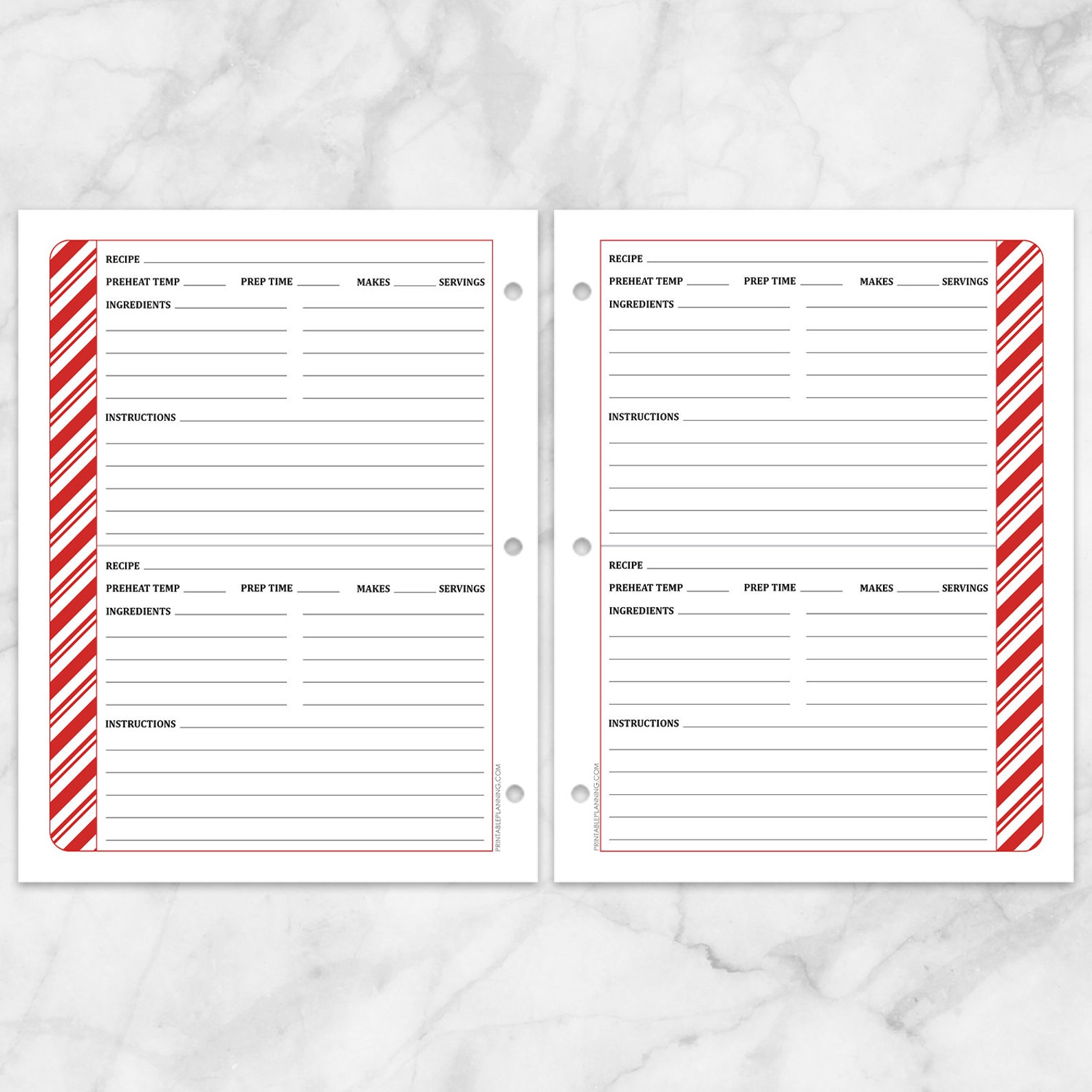 Printable Holiday Recipe Pages, Candy Cane Stripe Red White Christmas ...