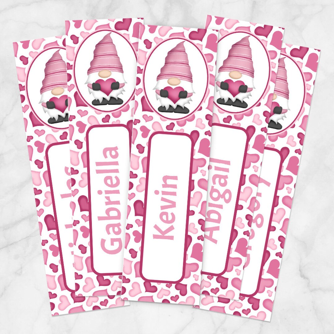 Printable Personalized Gnome Hearts Bookmarks, Valentine's Day, School ...
