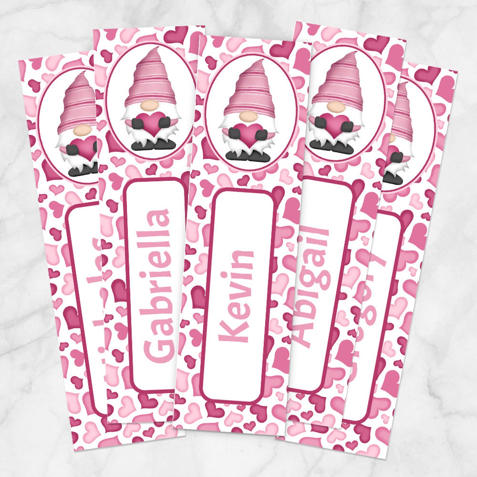 Printable Personalized Gnome Hearts Bookmarks, Valentine's Day, School ...