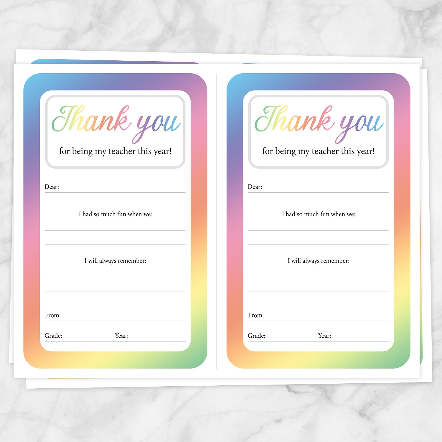 Printable Teacher Thank You Notes, Colorful End of School Year Thank ...