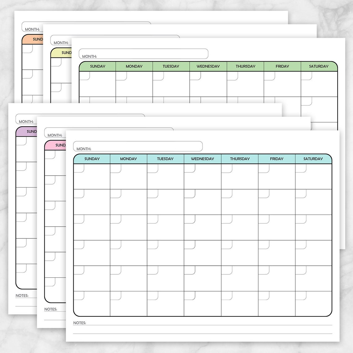 Printable Blank Calendar BUNDLE, Monthly Full Pages, 6 Colored PDF ...