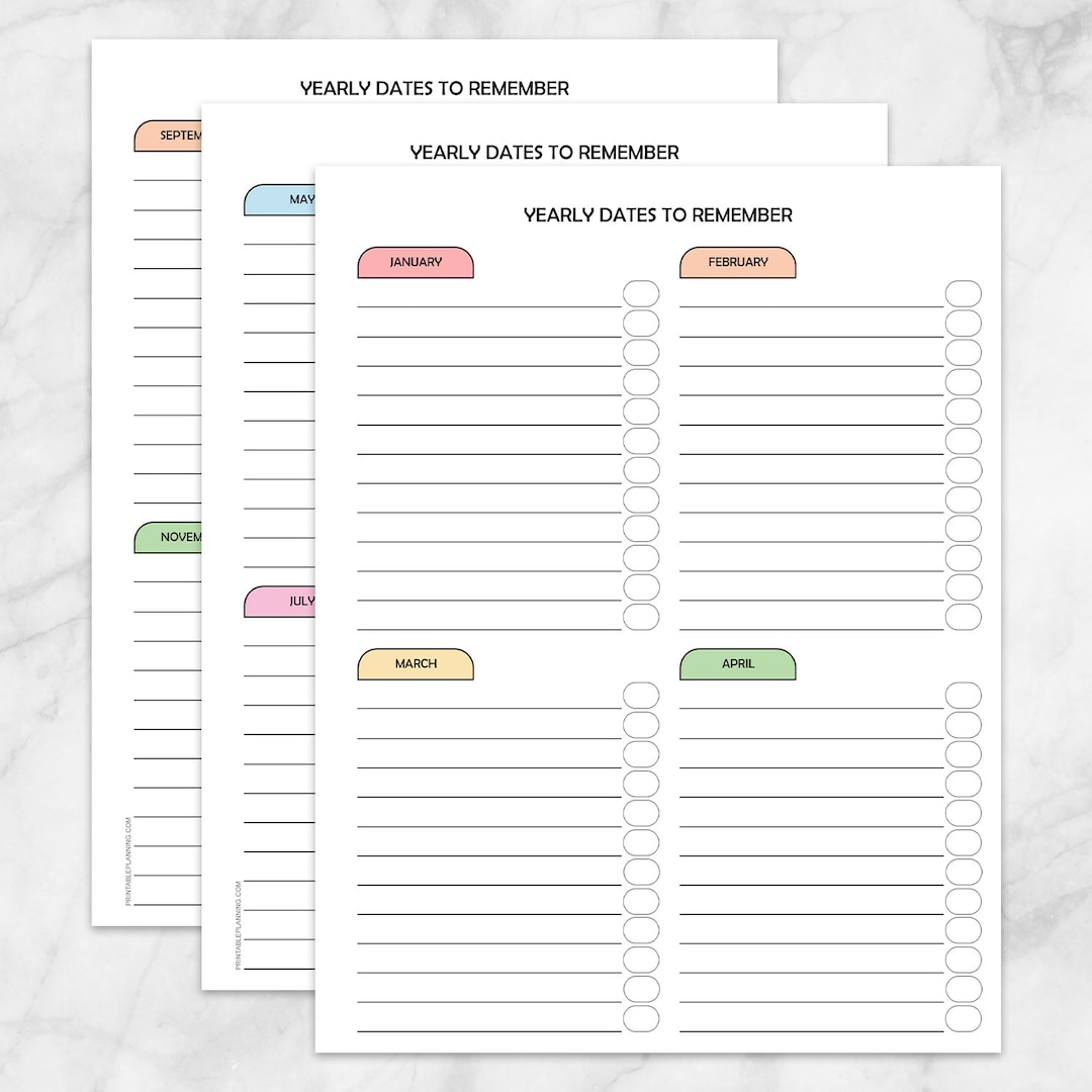 Printable Yearly Dates to Remember Pages, Modern Rainbow Color Design ...