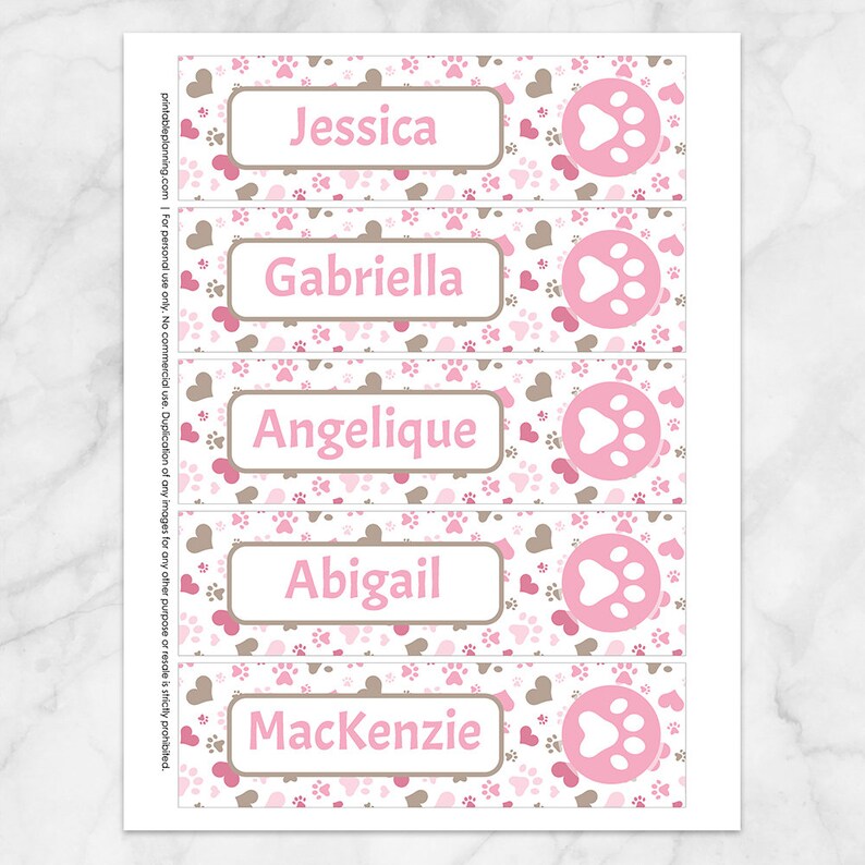 Printable Personalized Paw Print Bookmarks, Pink Brown Hearts, School ...