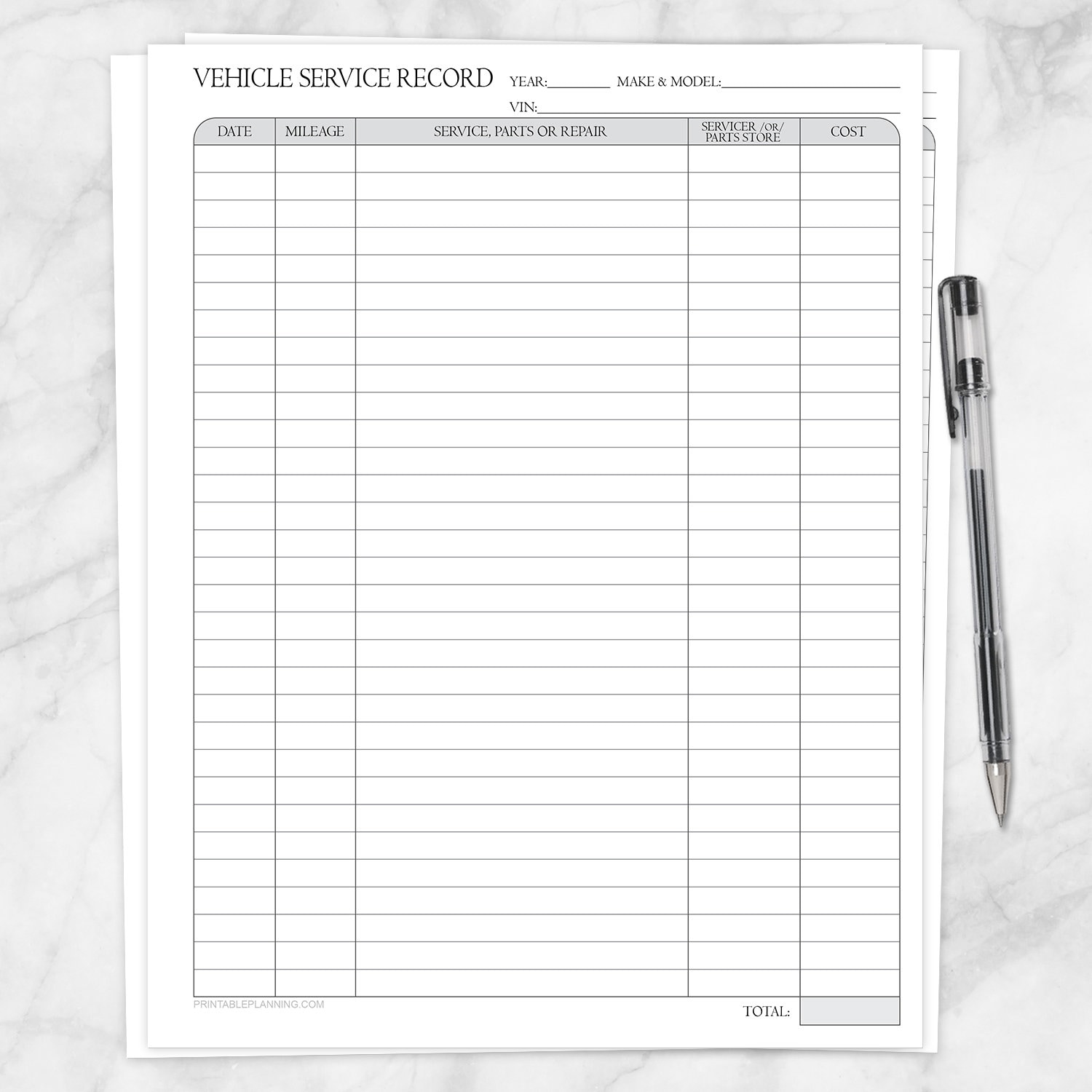 Printable Vehicle Service Record, Auto-calculating Total, Maintenance ...