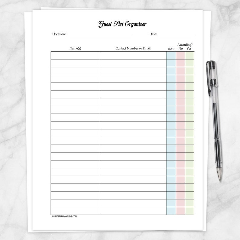 Printable Guest List RSVP Organizer, Holiday or Occasion, Party Event ...