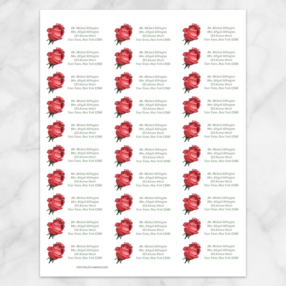 Printable Red Rose Address Labels - Pretty Red Floral Personalized 2 5/ ...