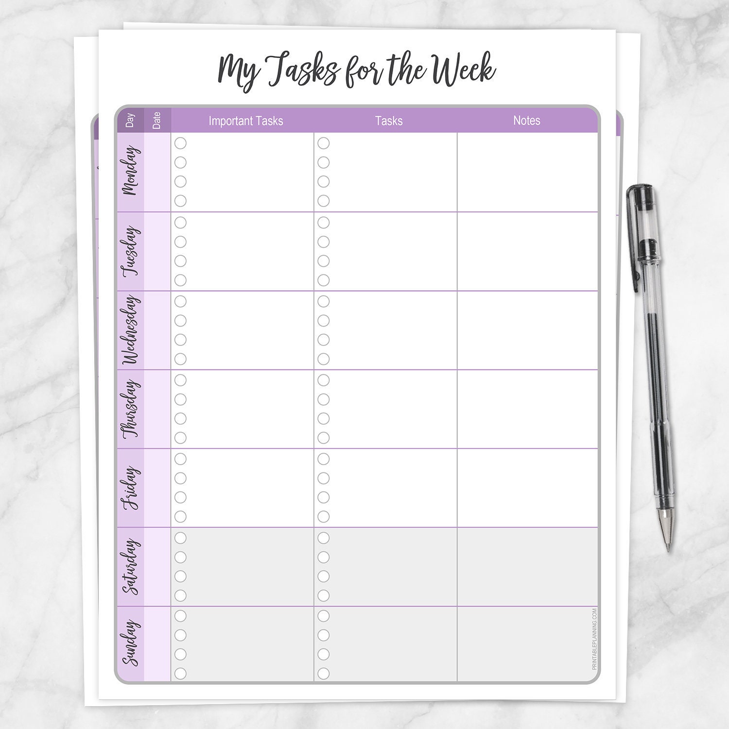 Printable Weekly To-do List in Purple, Grid Task Checklist With Notes ...