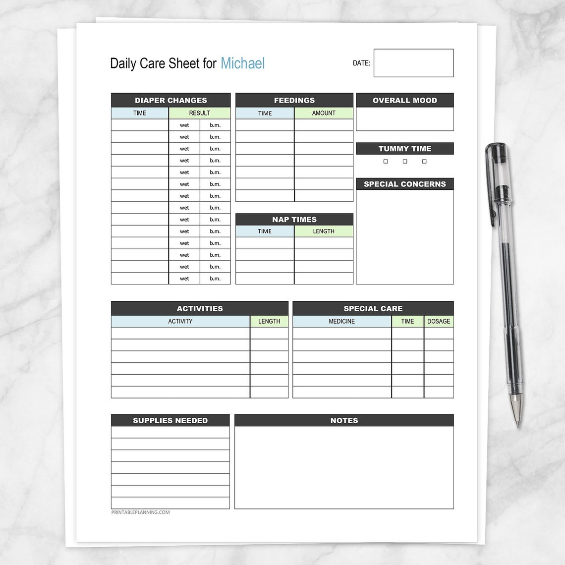 Printable Personalized Baby Log, Daily Infant Care Sheet, New Parent ...