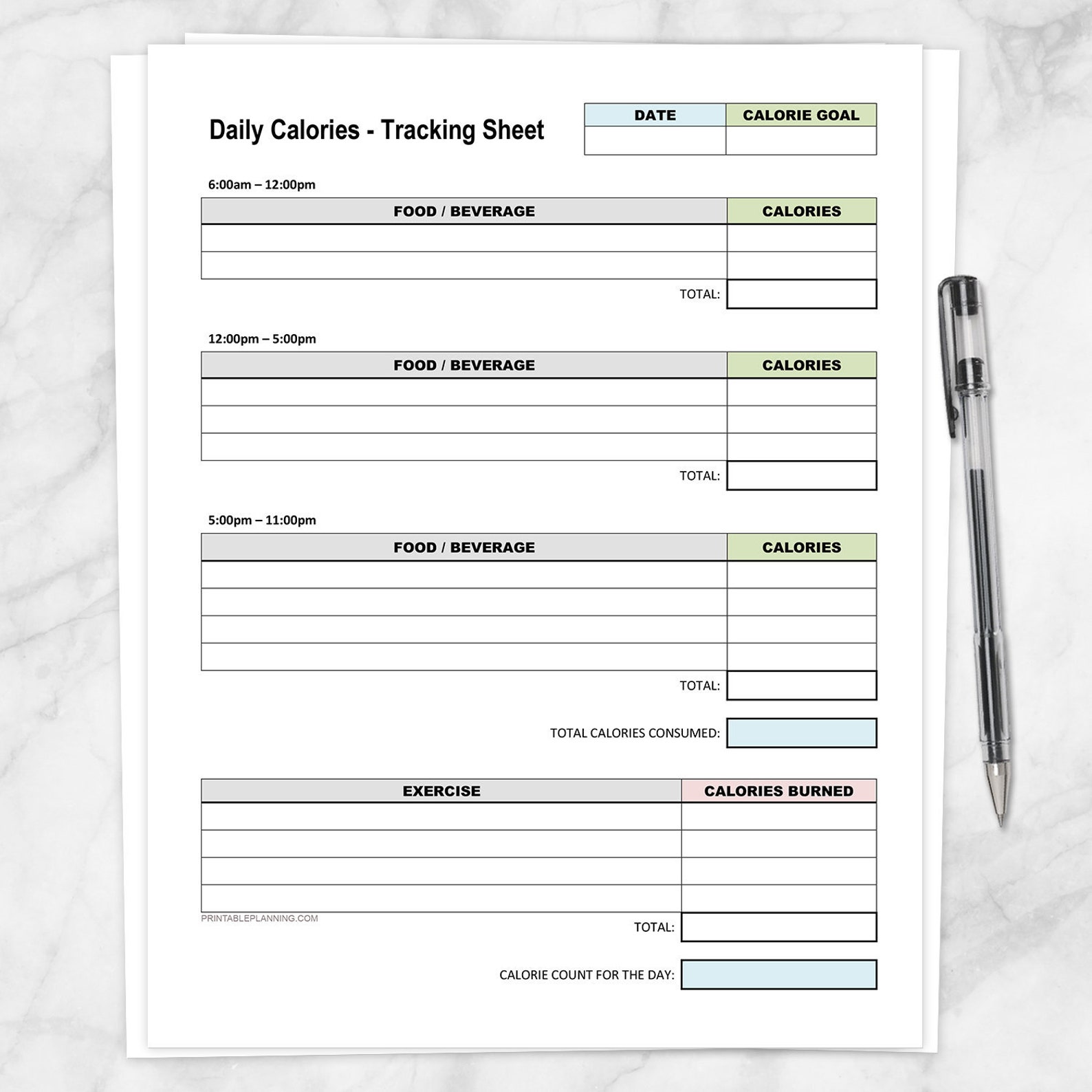 Printable Calories Tracking Sheet, Daily Calorie Counting and Exercise ...