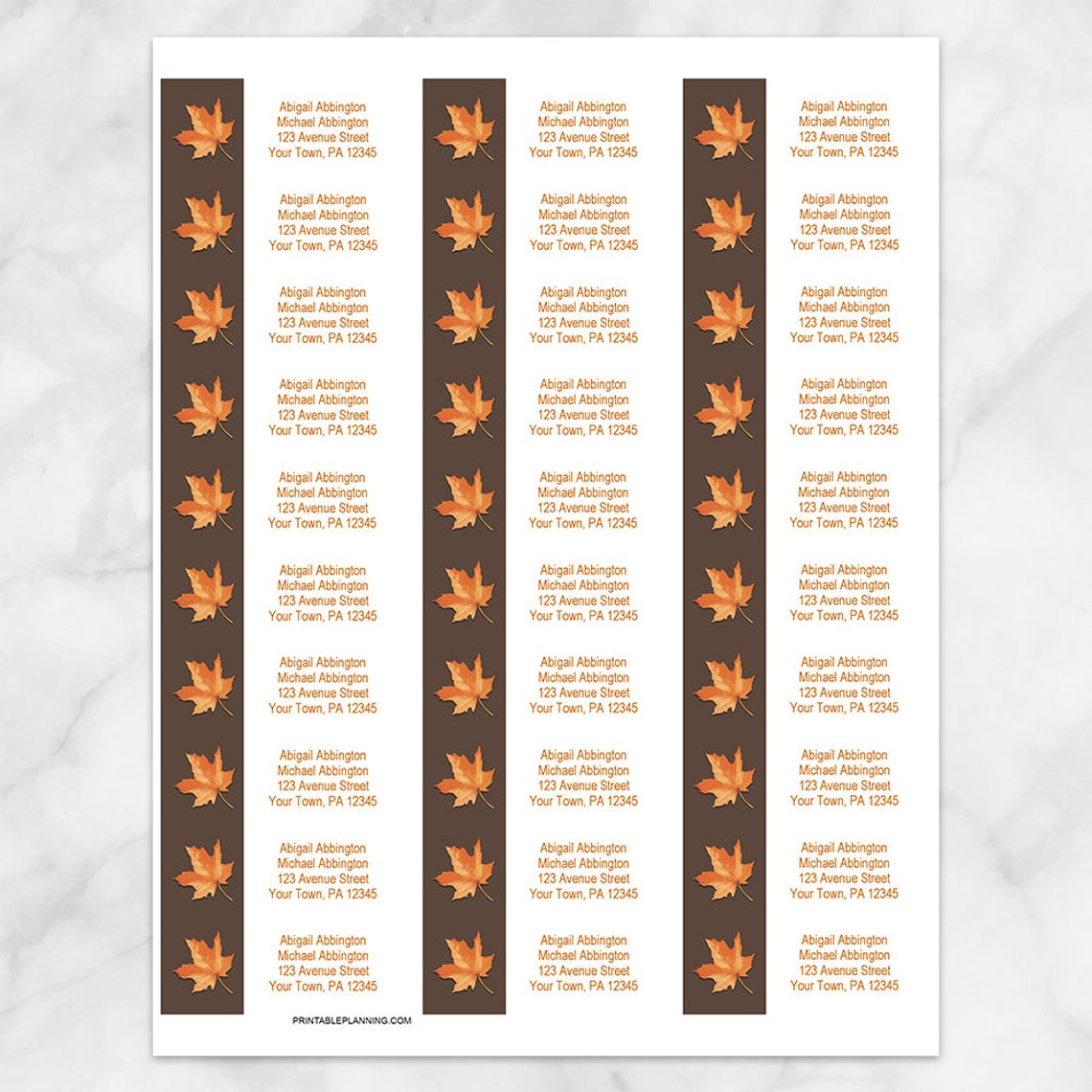 Printable Fall Address Labels, Orange Leaf on Brown - Personalized 2 5/ ...