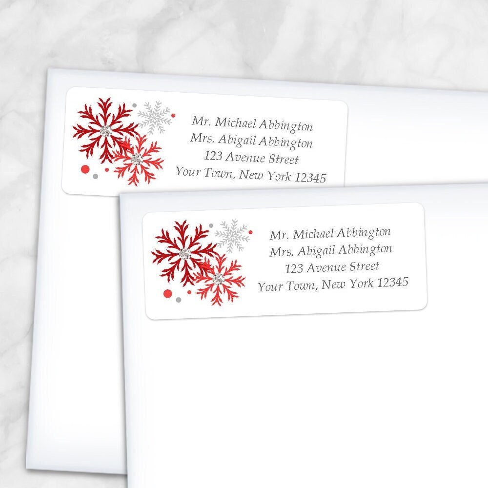 Printable Red Snowflake Address Labels Winter, Red Gray - Personalized ...