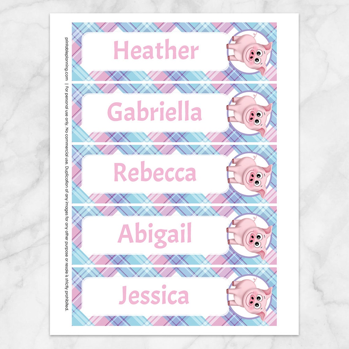 Printable Personalized Pig Bookmarks, Pink Blue Purple Plaid Pattern ...