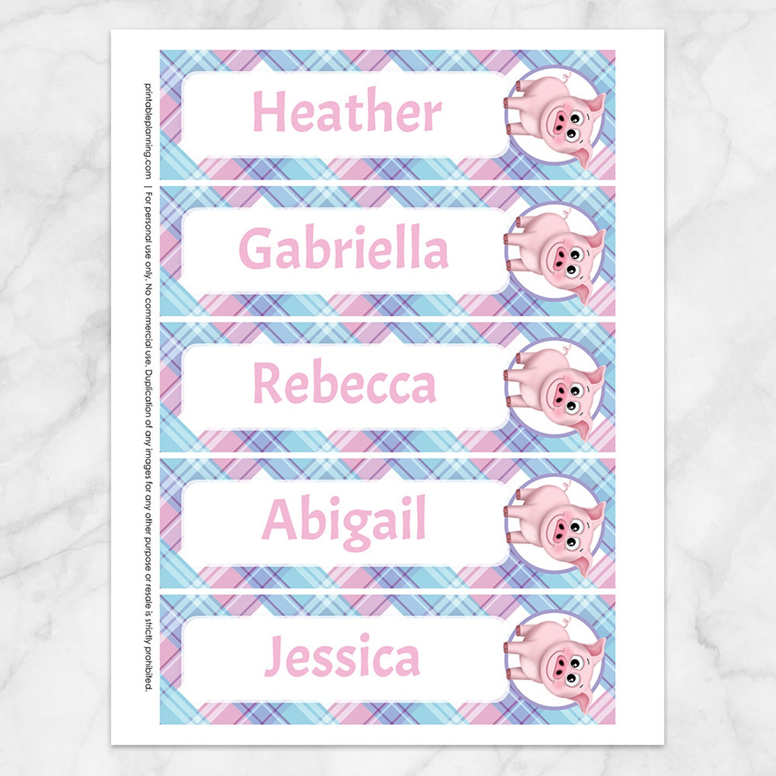 Printable Personalized Pig Bookmarks, Pink Blue Purple Plaid Pattern ...