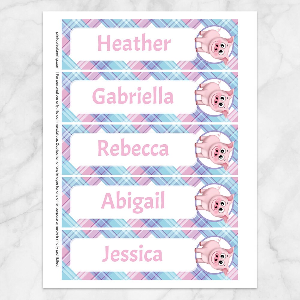 Printable Personalized Pig Bookmarks, Pink Blue Purple Plaid Pattern ...