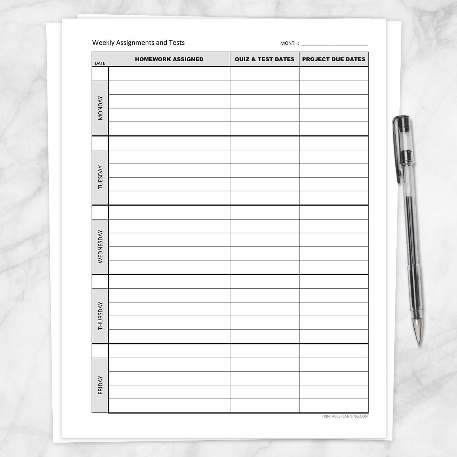 Printable Weekly School Assignments Sheet - Homework Assigned, Test and ...
