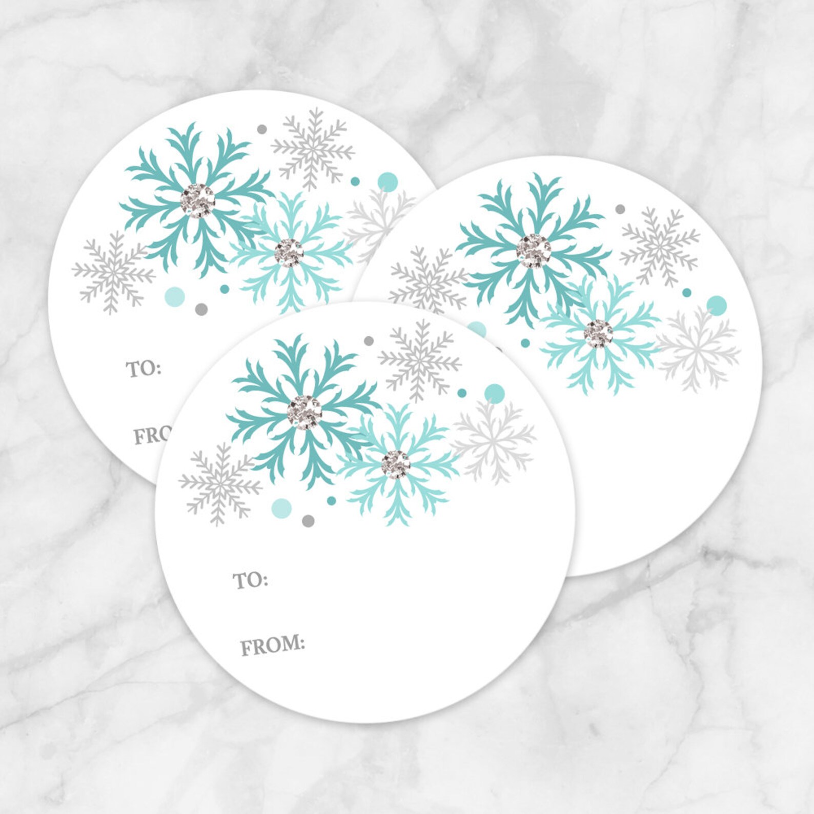Printable Snowflake Gift Tag Stickers, Turquoise With Gray, Round to ...