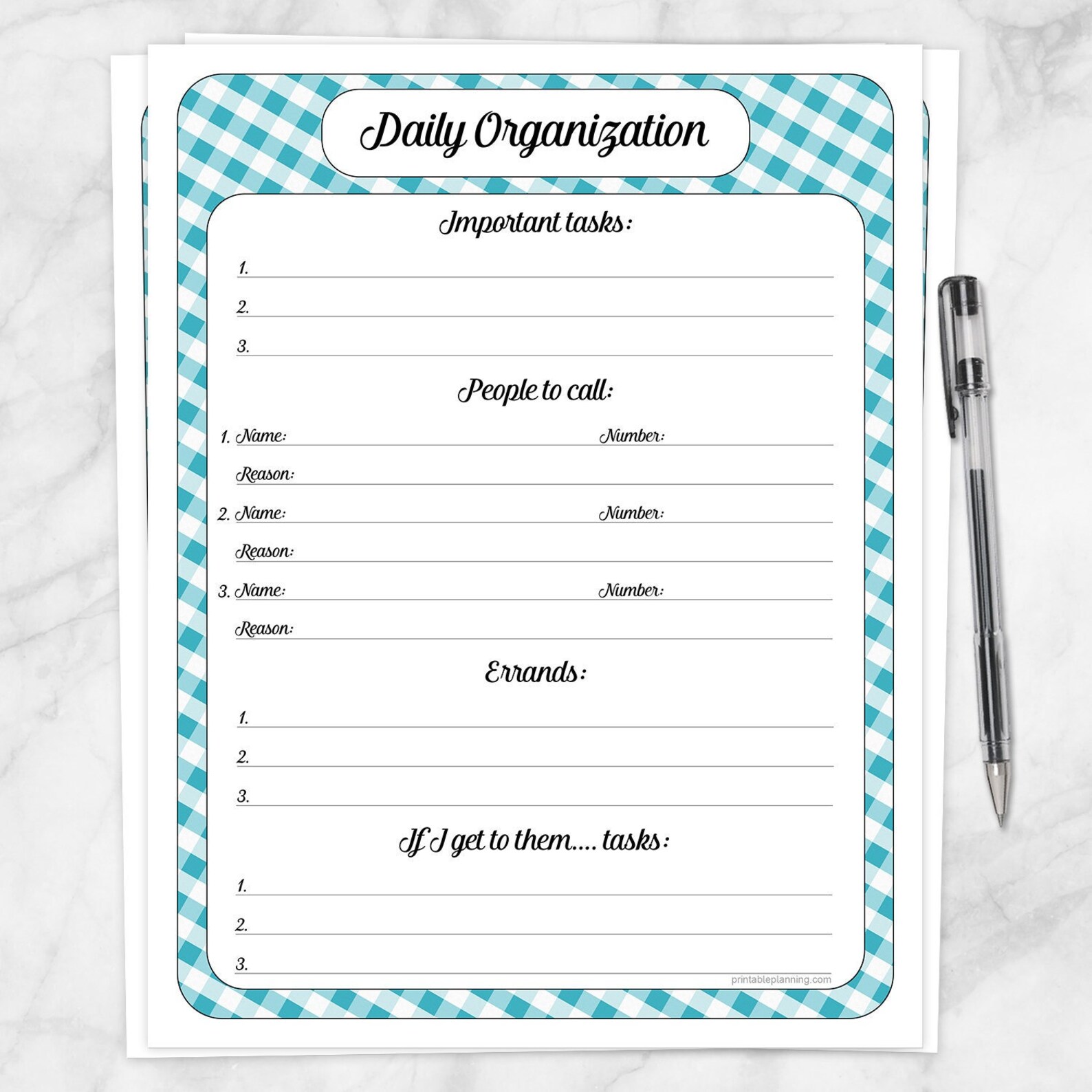 Turquoise Printable Daily Task Sheet, Gingham Full Page Daily ...