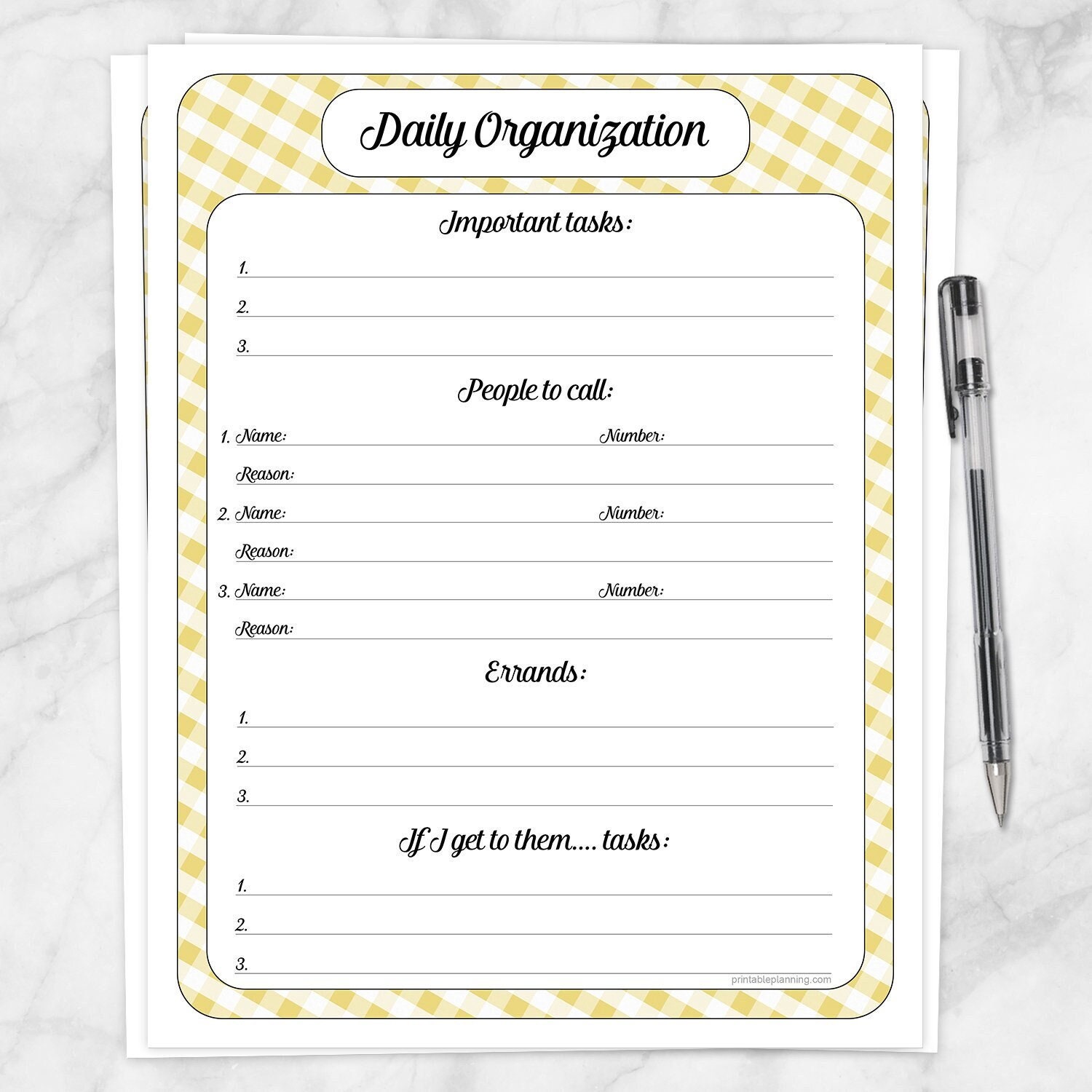 Yellow Printable Daily Task Sheet - Gingham Full Page, Daily ...