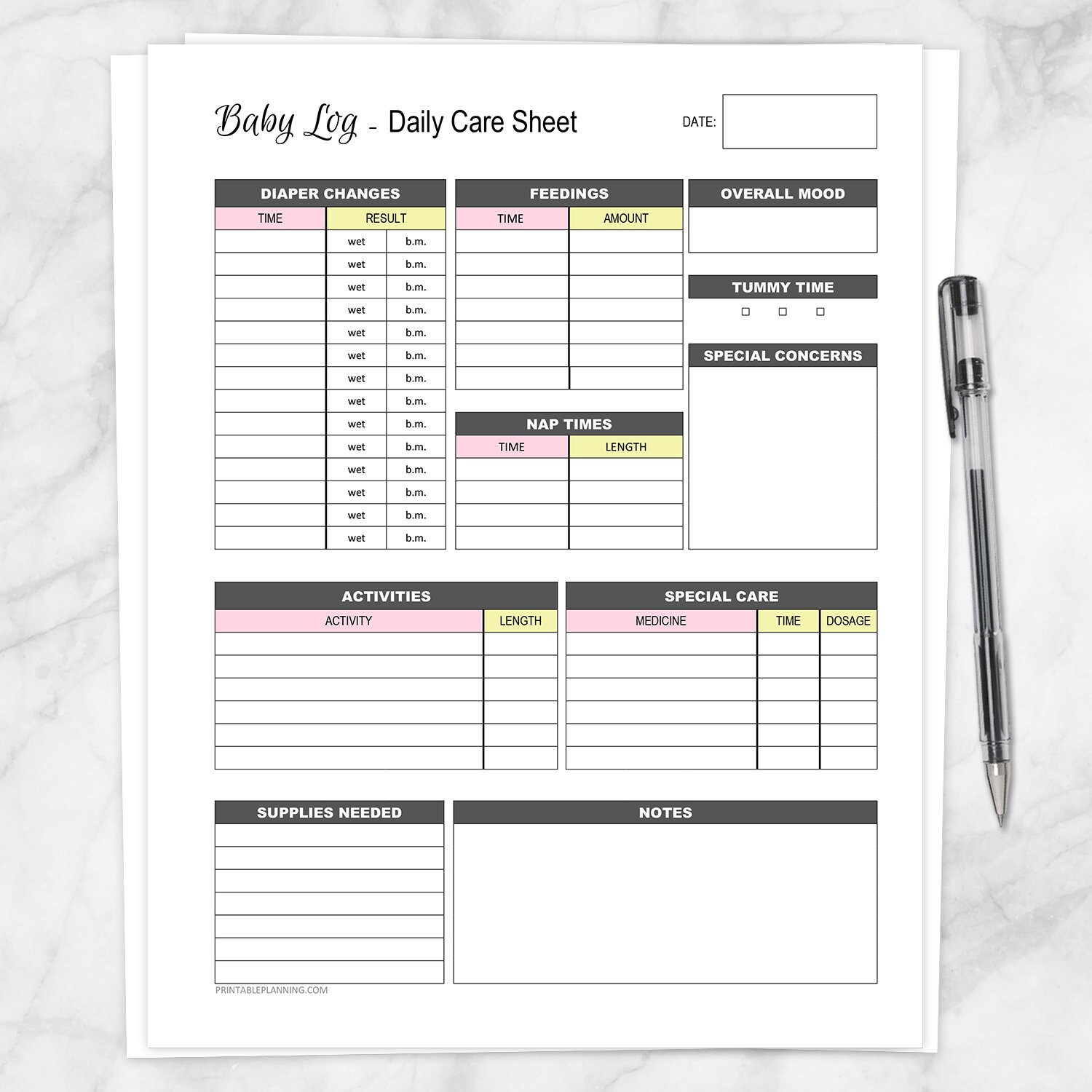 Printable Baby Log - Daily Infant Care Sheet - New Parent or Caregiver ...