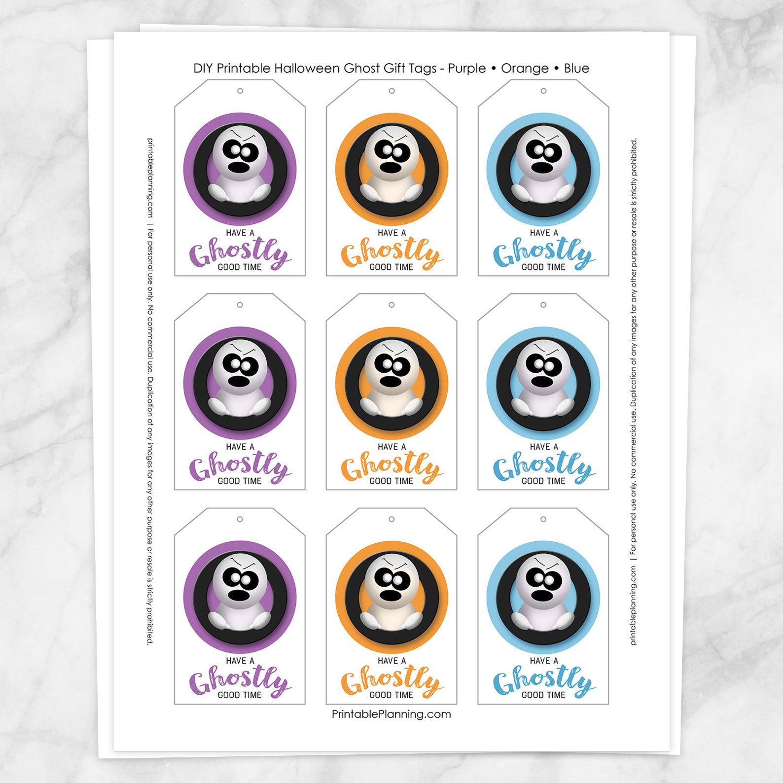 Printable Halloween Ghost Gift Tags or Favor Tags in Purple Orange Blue ...