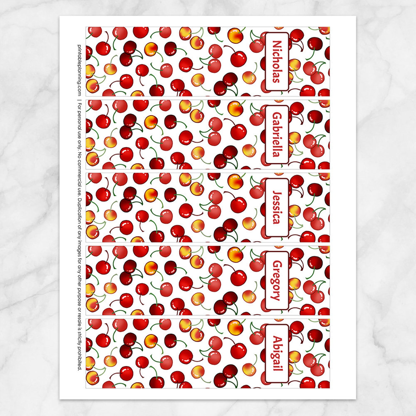 Printable Cherry Bookmarks, Personalized, Cherries Fruit Pattern ...