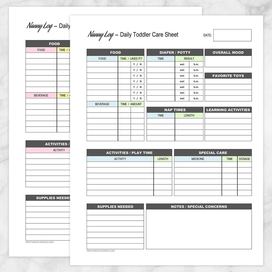 Printable Nanny Log BUNDLE - Daily Toddler Care Sheet - Babysitter ...