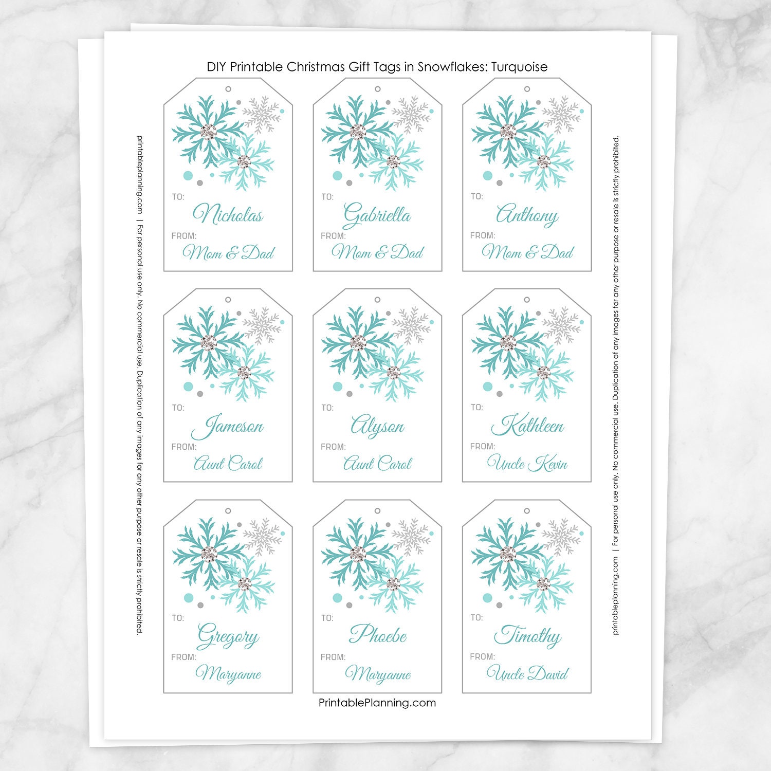 Printable Snowflake Gift Tags in Turquoise, Personalize the Names ...