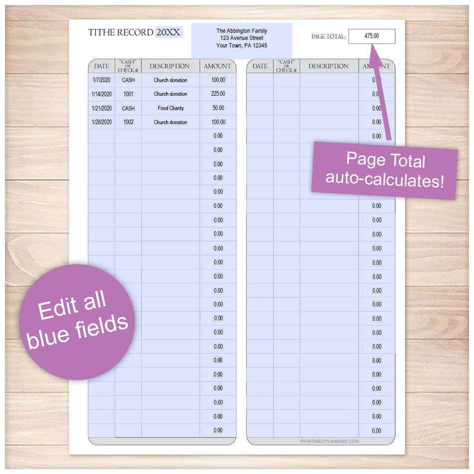 Printable Tithe Record Auto-calculating Total 52 Week Page - Etsy