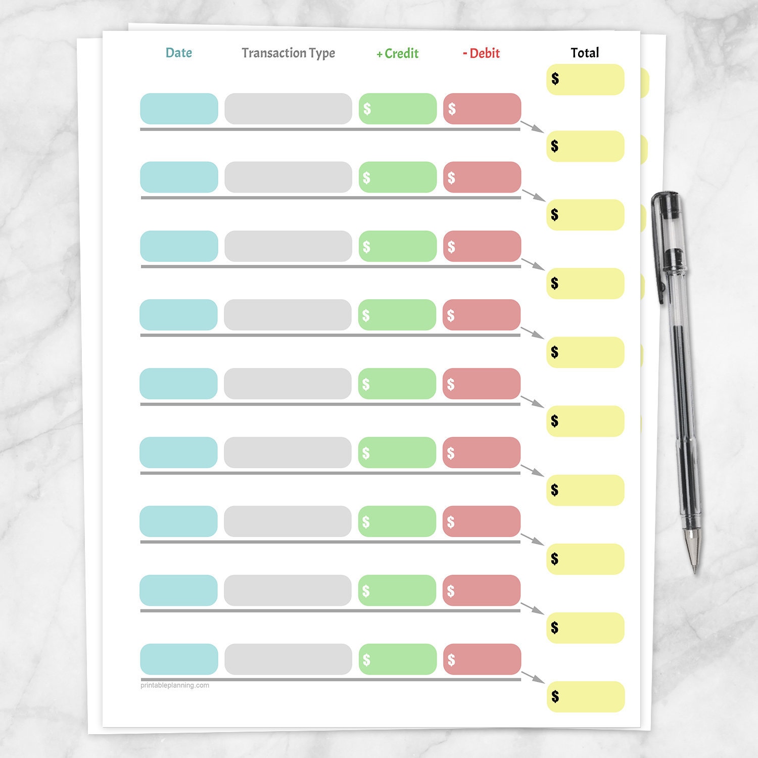 Printable Simple Financial Transaction Register, Color Coded - Ideal ...