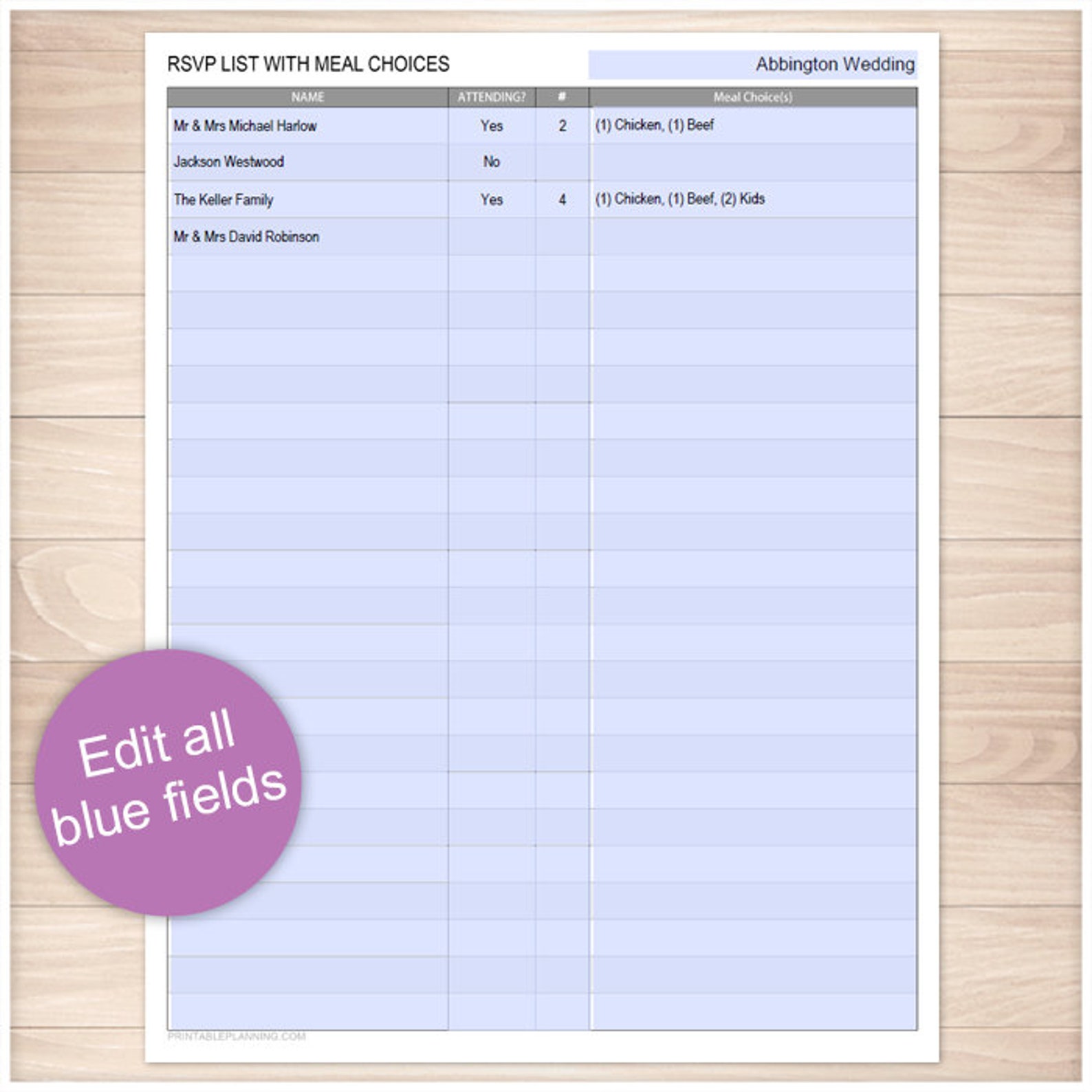 Printable RSVP List with Meal Choices editable guest list | Etsy