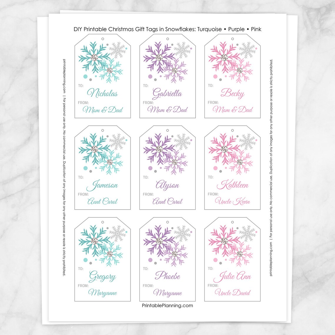 Printable Snowflake Gift Tags - Personalized - 3 Colors - Turquoise ...