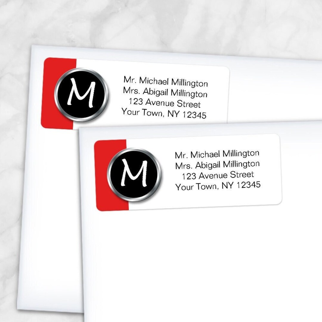 Printable Red Monogram Address Labels, Black White Red Silver Colors ...