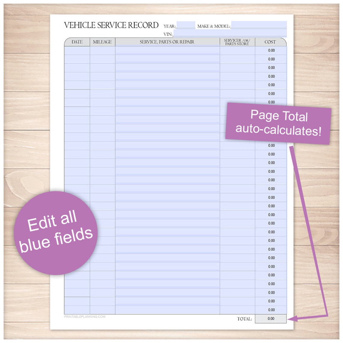 Printable Vehicle Service Record Auto-calculating Total - Etsy