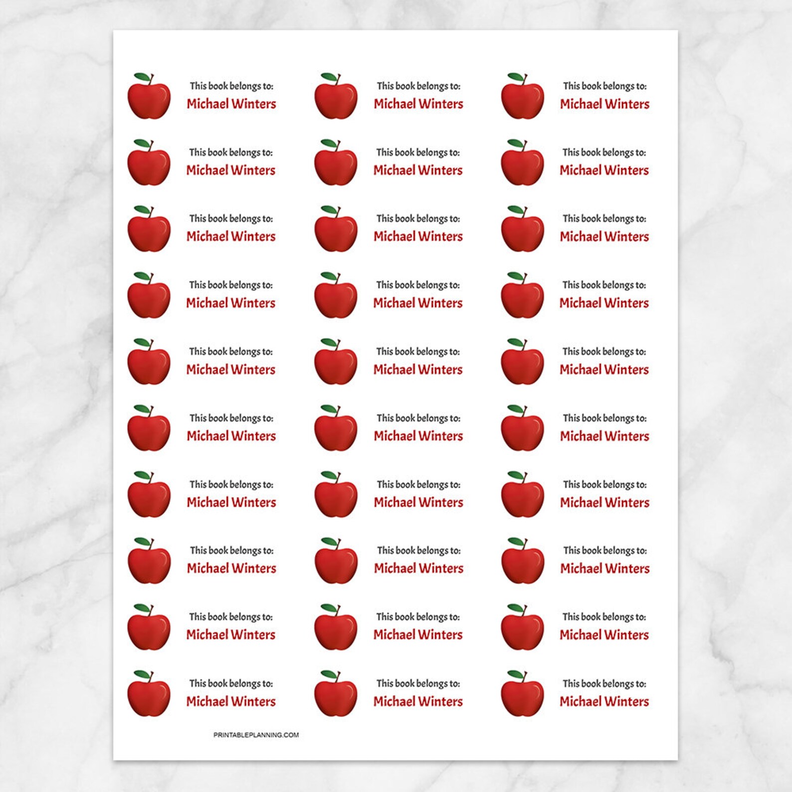 Printable Apple Book Labels - Red, Personalized 2 5/8" X 1" Labels ...