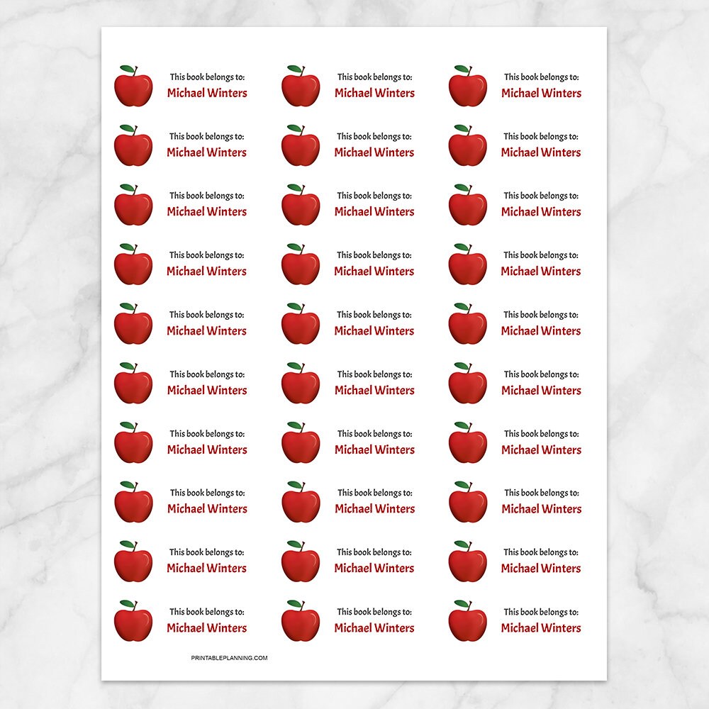 Printable Apple Book Labels - Red, Personalized 2 5/8" X 1" Labels ...