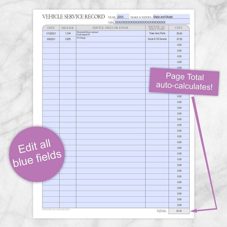 Printable Vehicle Service Record, Auto-calculating Total, Maintenance ...
