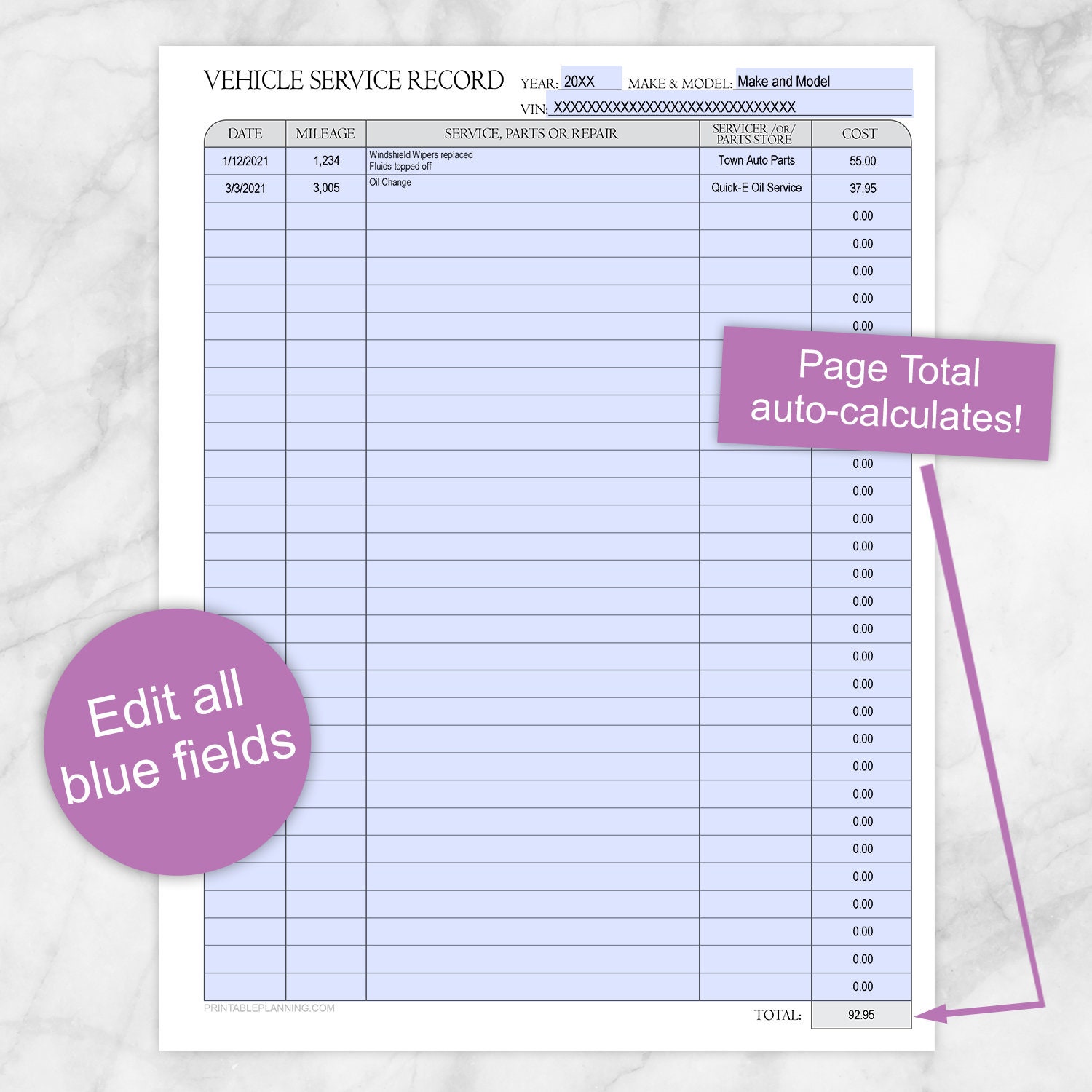 Printable Vehicle Service Record, Auto-calculating Total, Maintenance ...