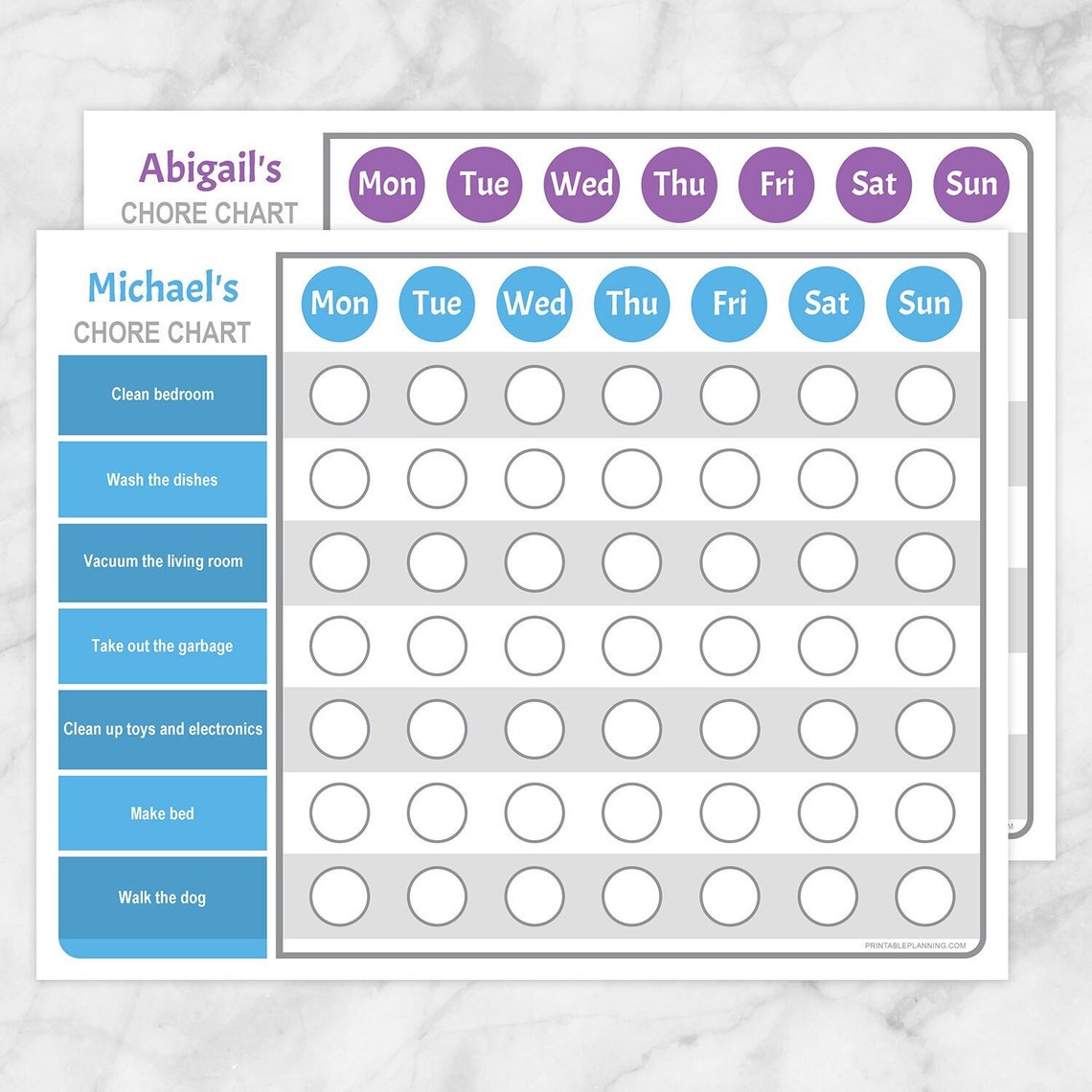 Printable Personalized Chore Chart BUNDLE, Blue and Purple Weekly Chore ...
