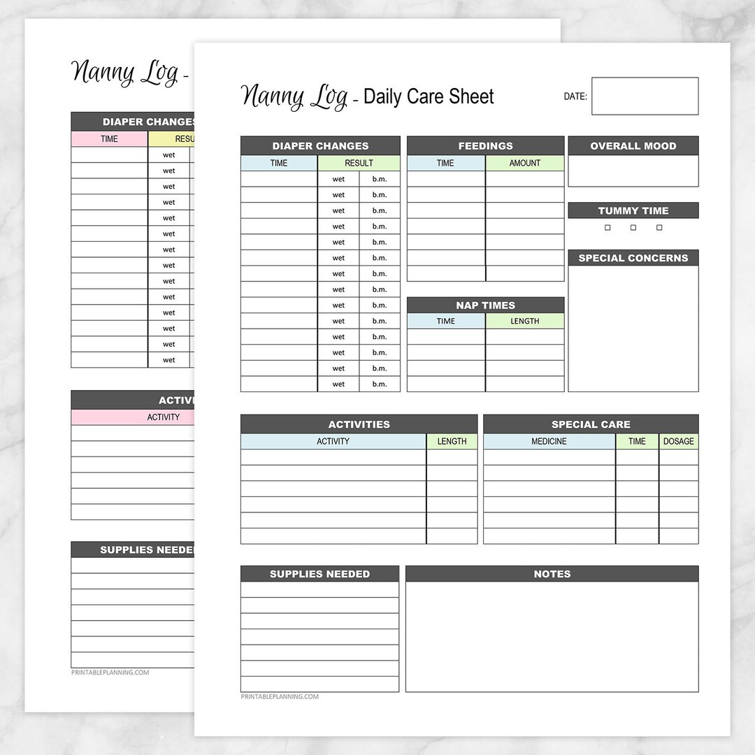 Printable Nanny Log BUNDLE - Daily Infant Care Sheet - Babysitter ...